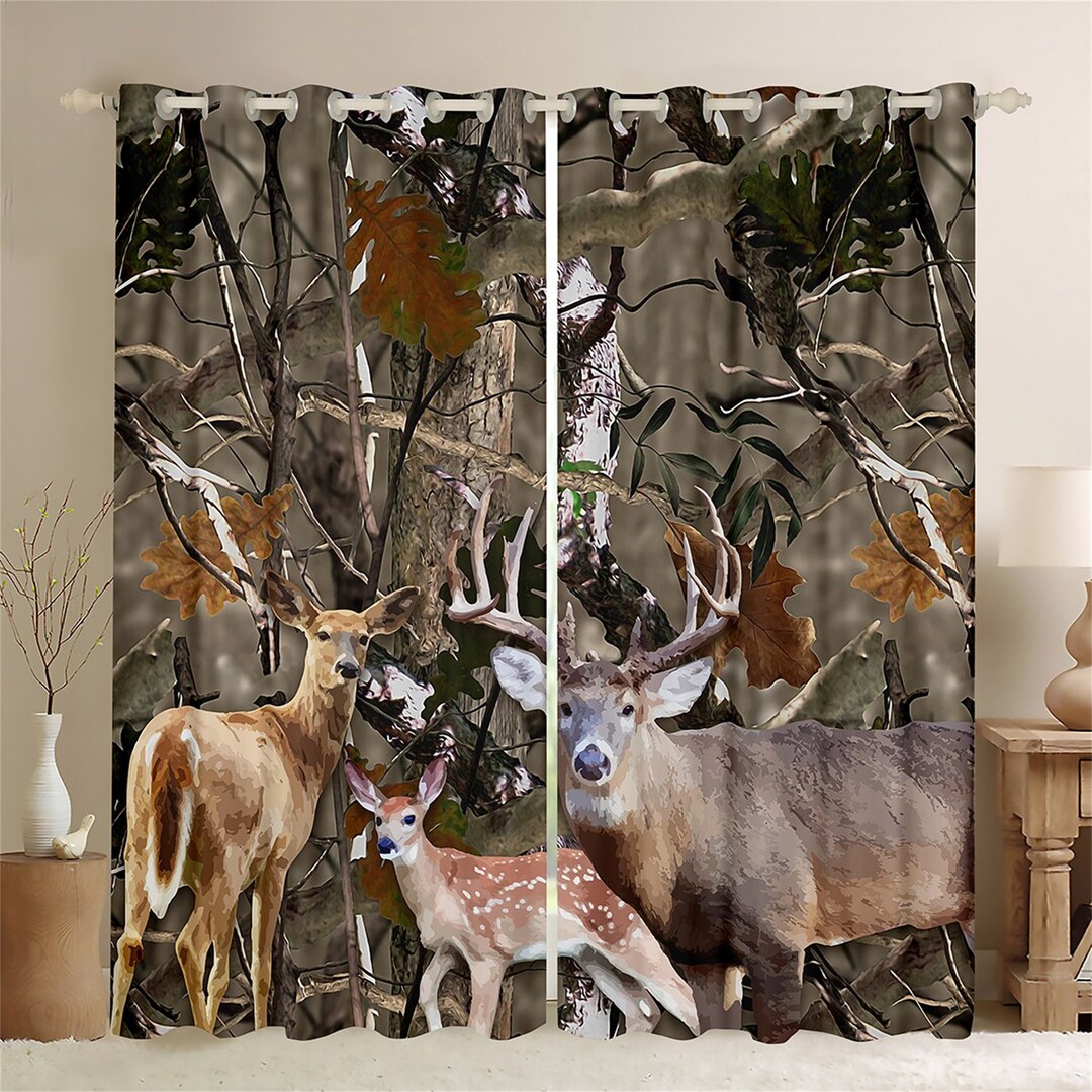 Wild Deer Window Drapes, Jungle Animal Botanical Leaves Curtain Set ...
