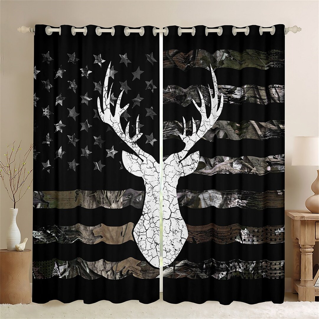 Deer Antler Silhouette Animal Window Drapes, Vintage Tree USA Flag ...