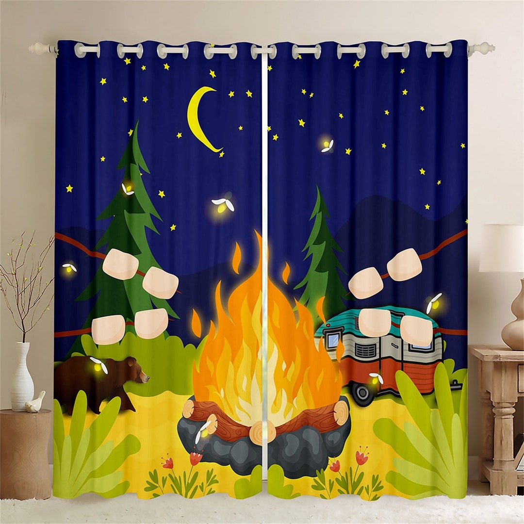 Campfire Window Curtain Set, Starry Moon Night Sky Natural Camping ...