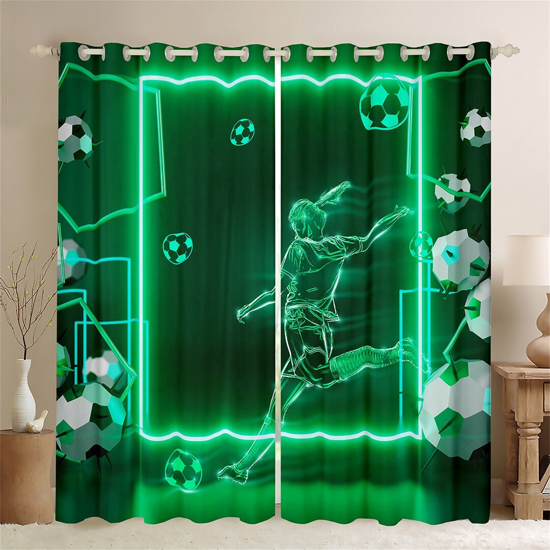 Glowing Football Handmade Window Curtains, Green Neon Soccer Athlete ...
