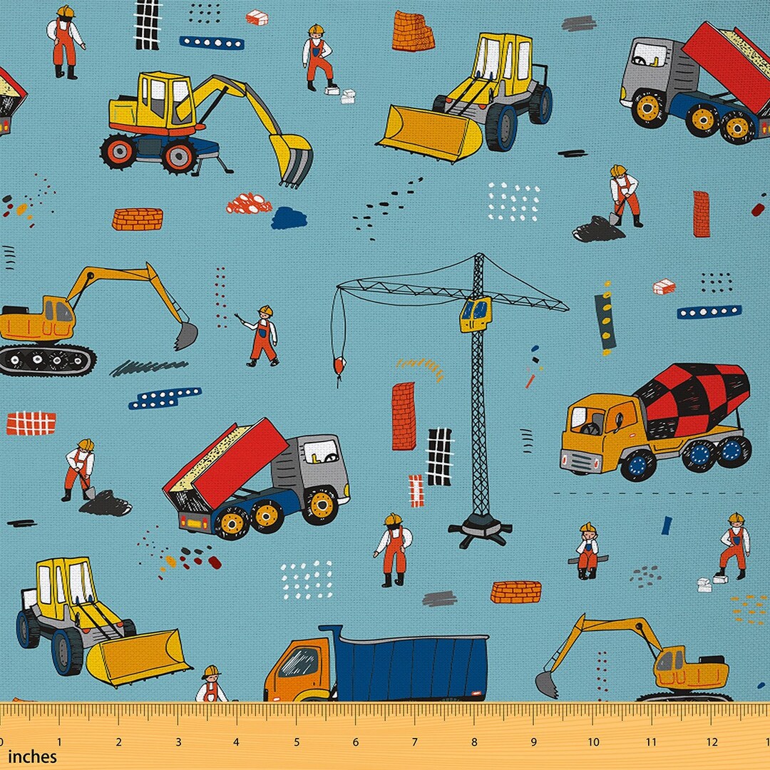 Cartoon Cars Blue Fabric by the Yard, Construction Vehicles Polyester ...