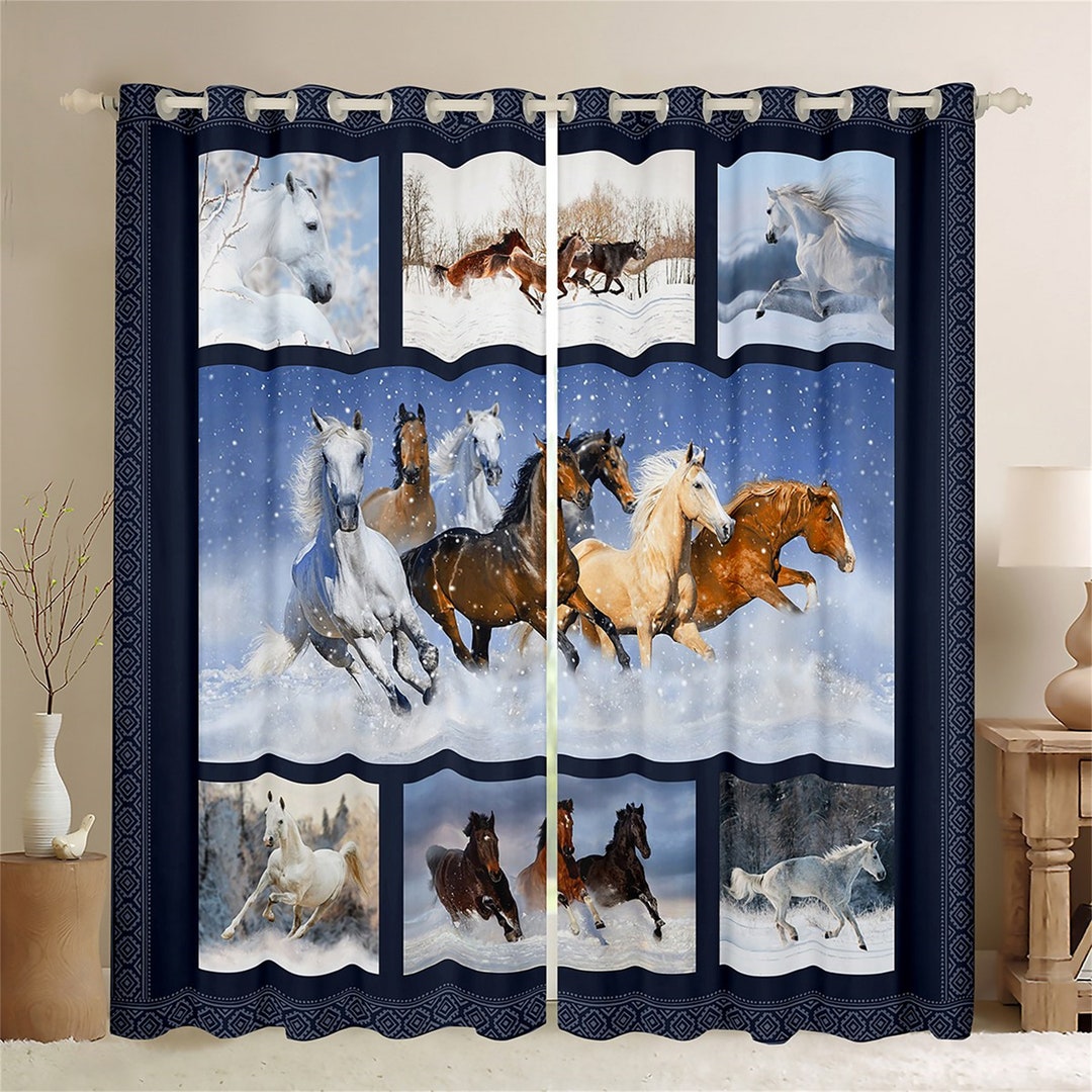 Galloping Horse Window Curtain Set, Geometric Plaid Splicing Curtains ...