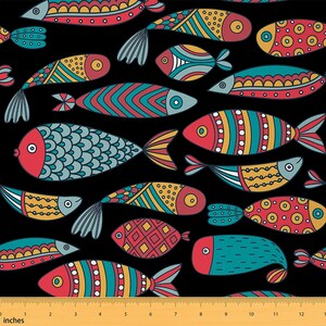 Cartoon Lake Fish Fabric by the Yard, Watercolor Underwater Animal ...