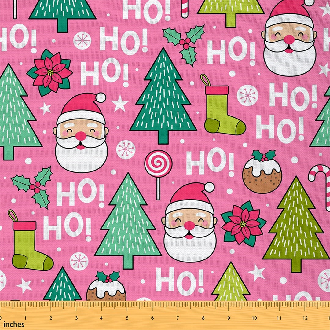 Cartoon Santa Fabric by the Yard, Xmas Pine Tree Poinsettia Polyester ...