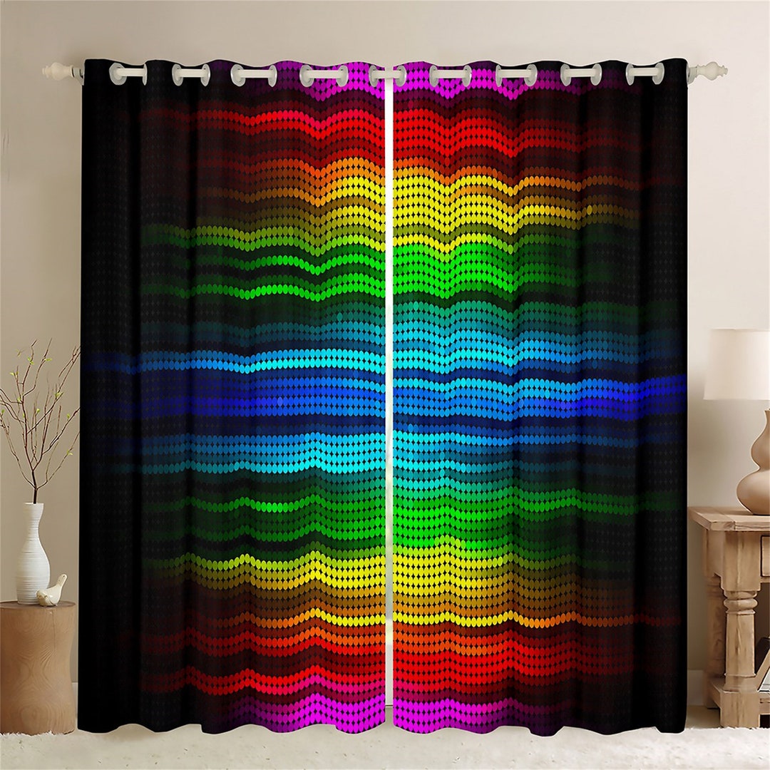 Neon Lights Rainbow Window Curtain Set, Geometric Colorful Stripes ...