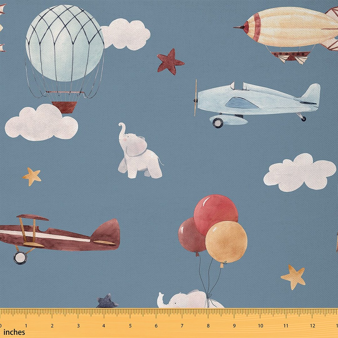 Retro Airplane Polyester Fabric by the Yard, Blue Sky Clouds Stars ...