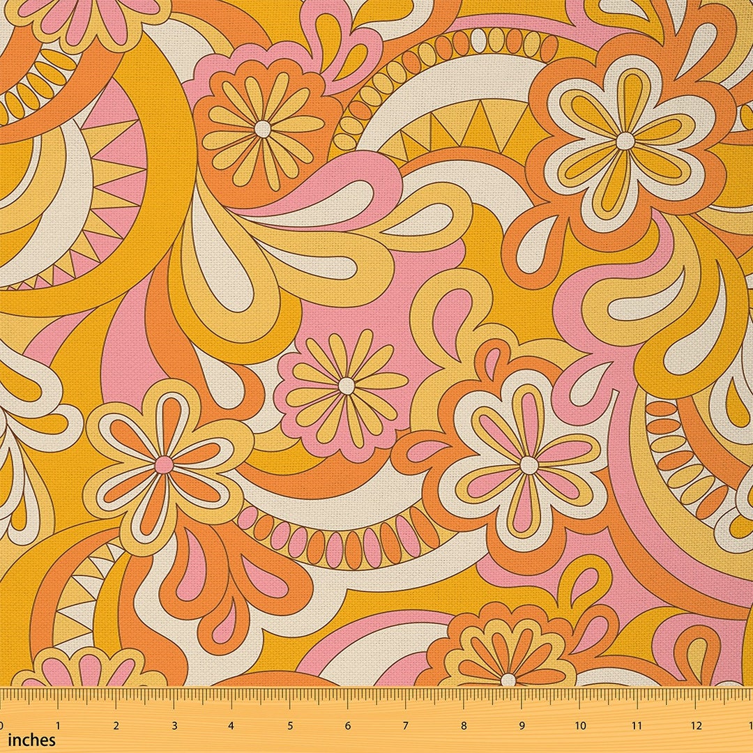 Retro Groovy Polyester Fabric by the Yard, Cartoon Daisy Flowers Fabric ...