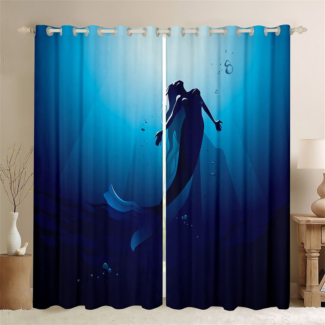 Mermaid Silhouette Window Curtains, Dreamy Ocean Marine Life Curtain ...