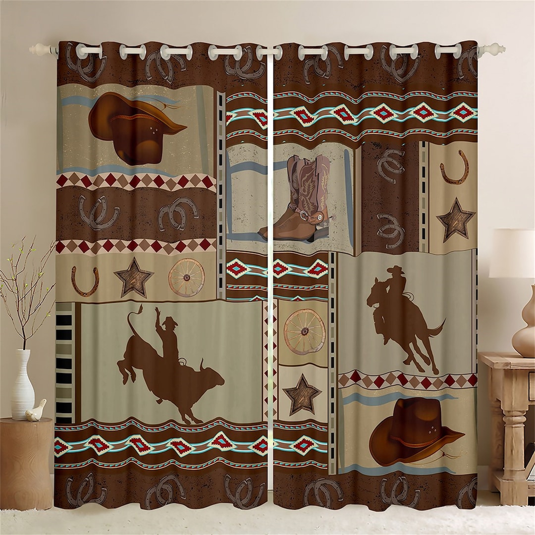 Western Window Curtains, Retro Cowboy Rustic Farmhouse Curtain Set, Brown Horseshoe Boots Hats ...