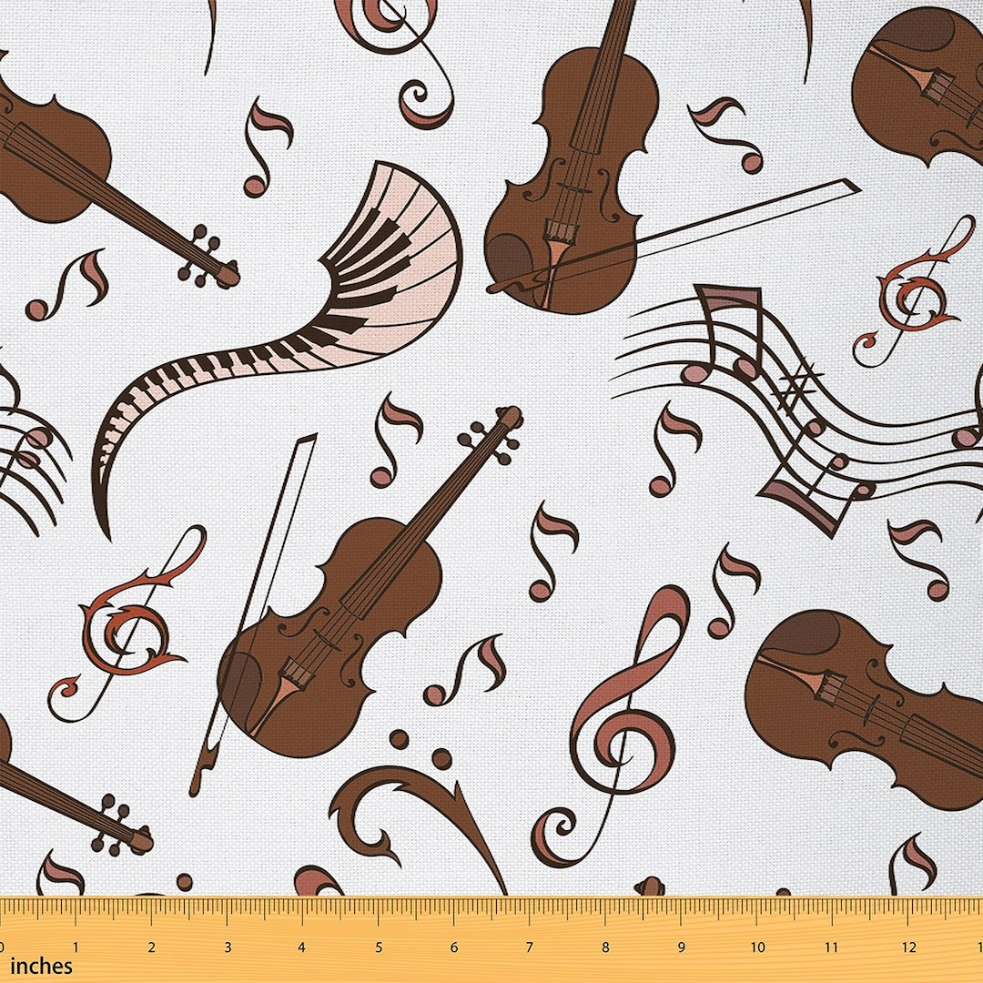 Musical Notes Polyester Fabric by the Yard, Music Theme Brown White ...