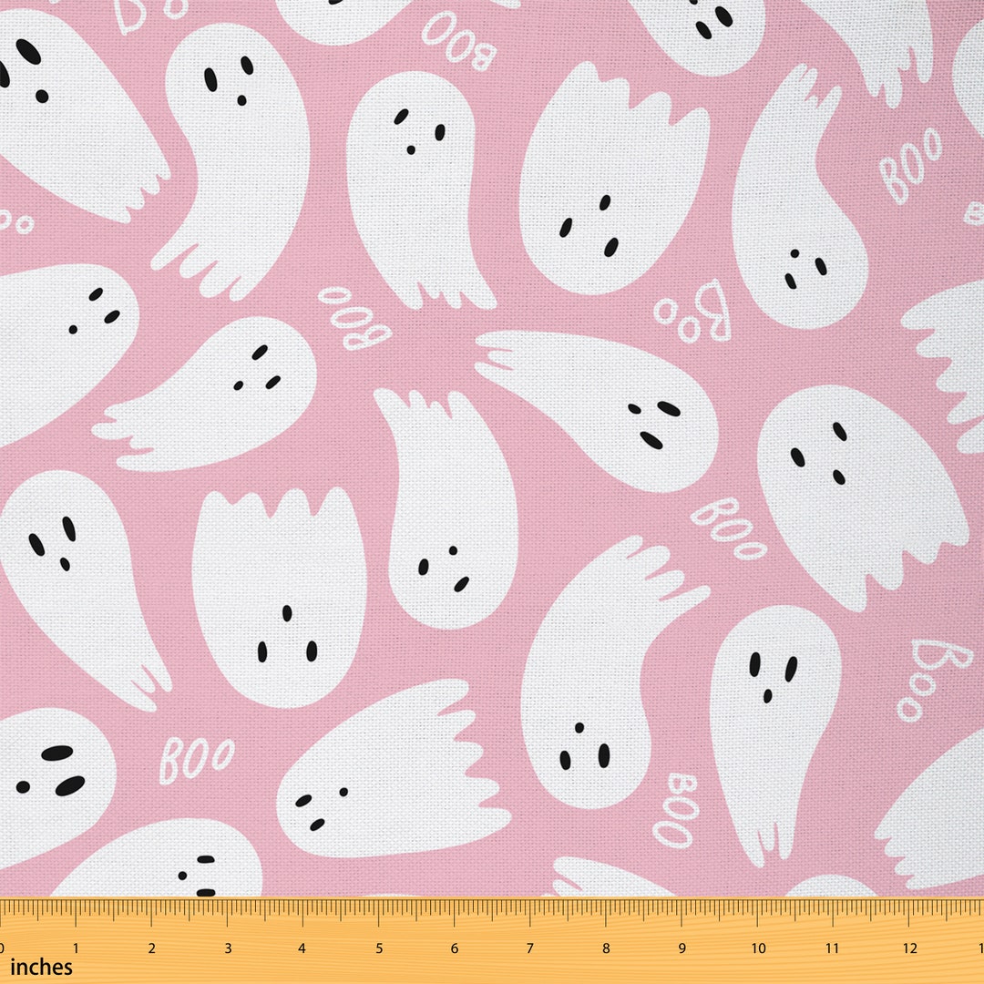 Cartoon Ghost Fabric by the Yard, Happy Halloween Pink White Polyester ...