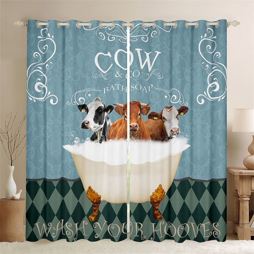 Farm Cow Window Curtain Set, Rustic Animal Bathtub Print Curtains, Blue ...