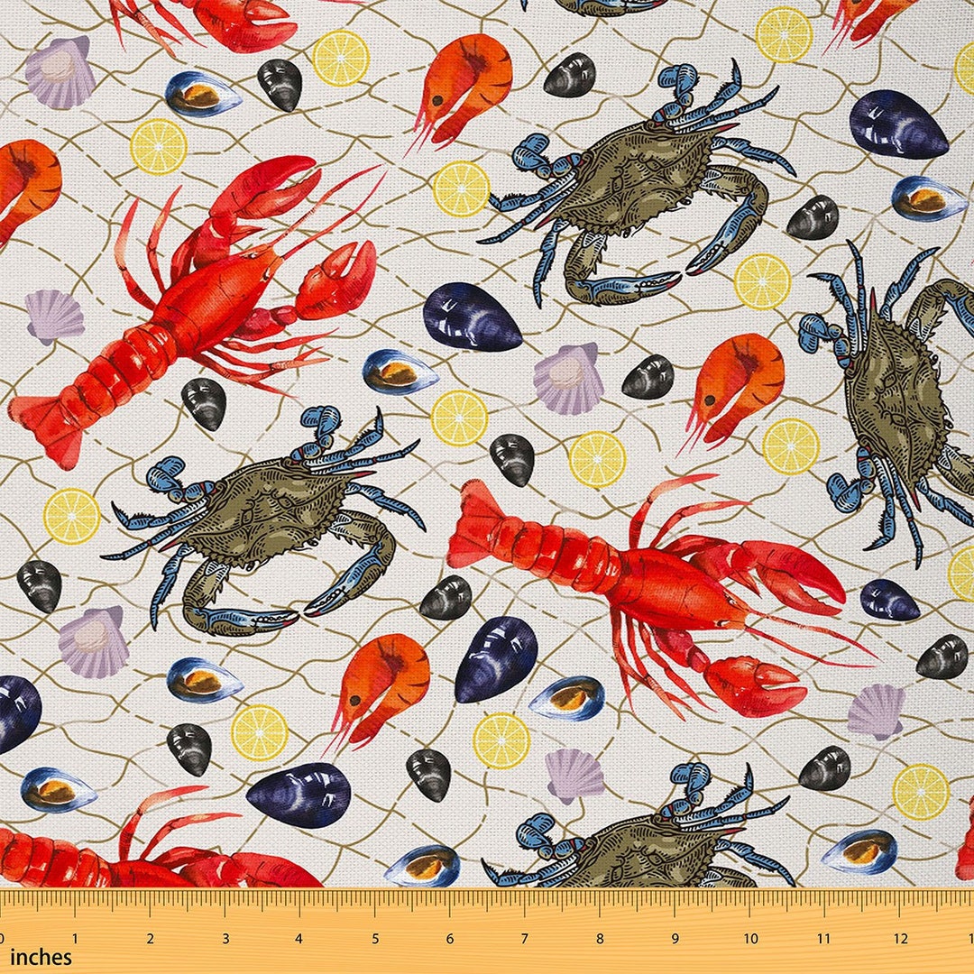 Marine Life Polyester Fabric by the Yard, Ocean Animal Lobster Crab ...
