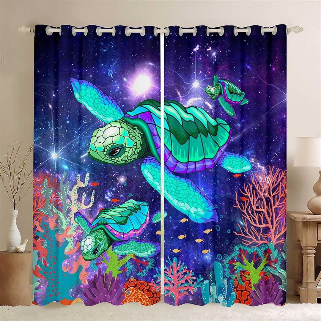 Ocean Sea Turtle Window Curtains, Cartoon Green Marine Life Print ...