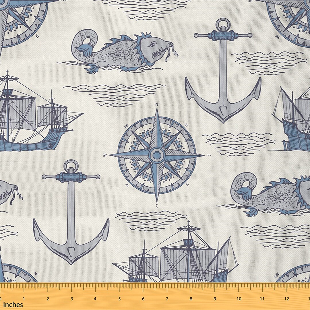 Ocean Navigation Polyester Fabric by the Yard, Retro Nautical Anchor ...