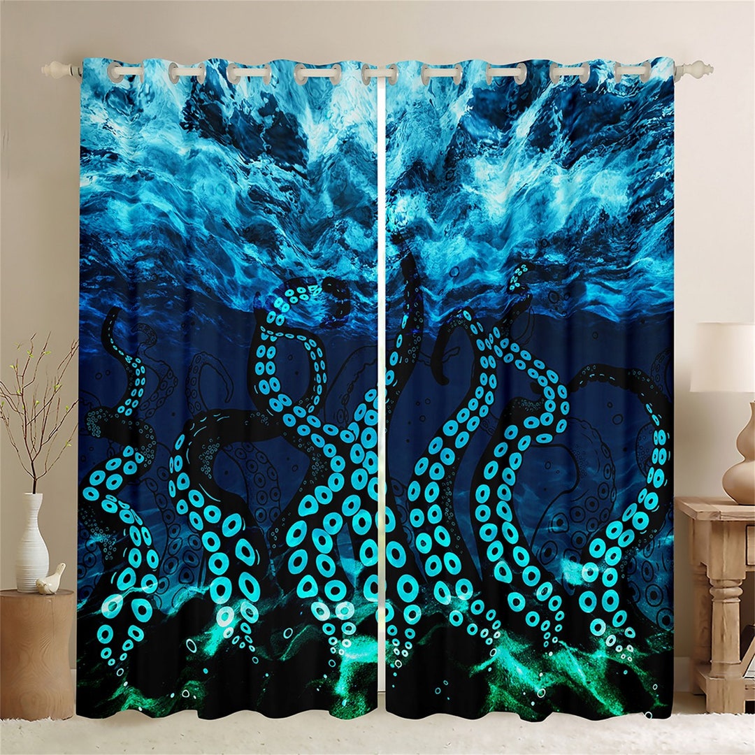 Octopus Tentacle Window Curtains, Deep Ocean Fish Window Drapes ...