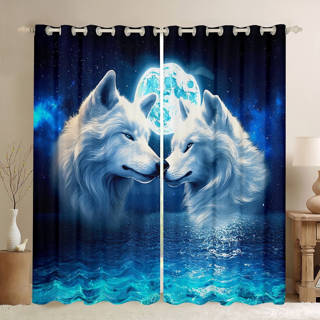 Wolf Blue/red Window Curtain Set Jungle Wild Animal Wolves - Etsy