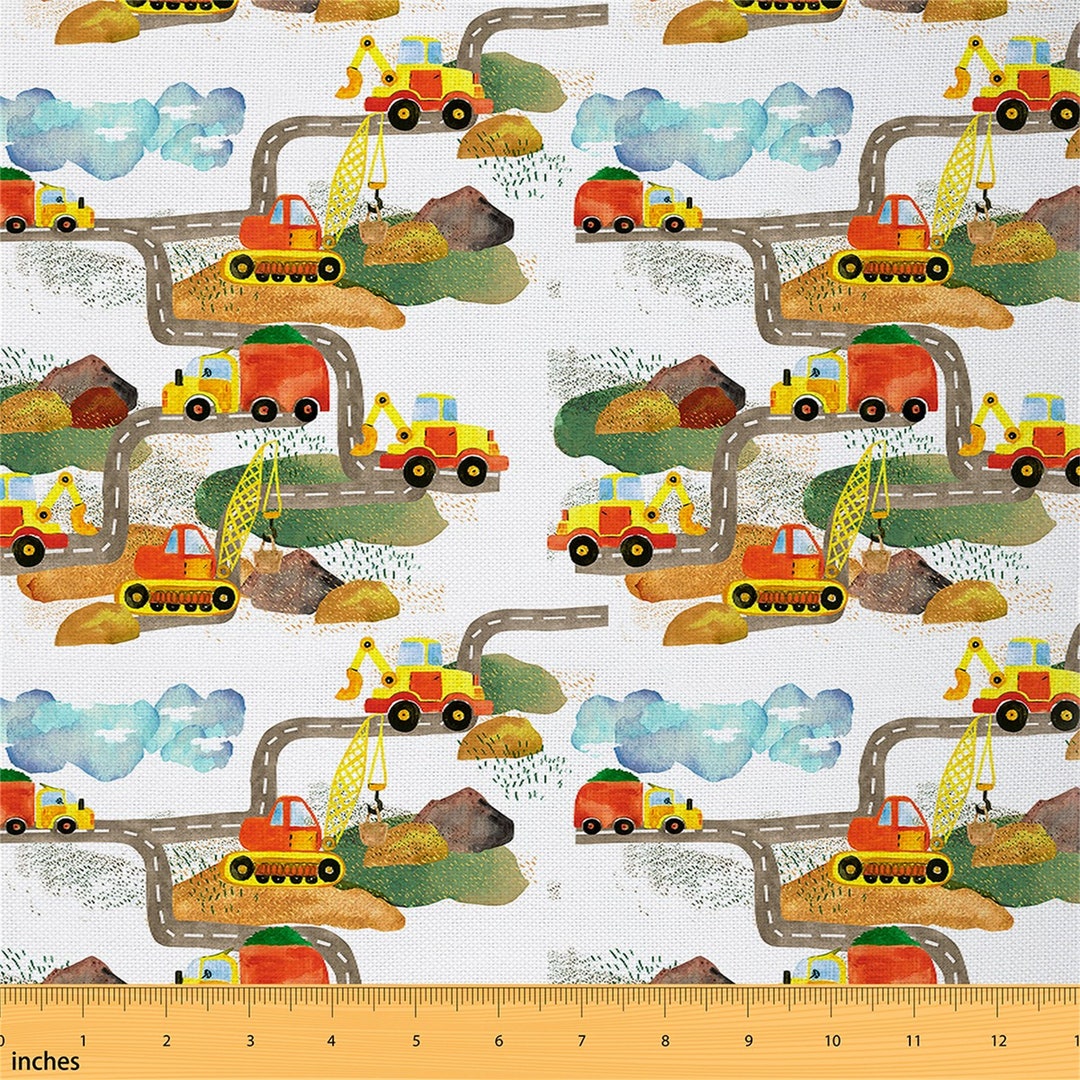 Construction Site Fabric by the Yard, Cartoon Excavator Truck Polyester ...
