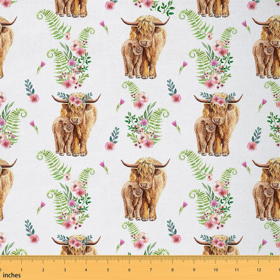 Highland Cattle Fabric by the Yard, Rustic Farm Animal Polyester Fabric ...