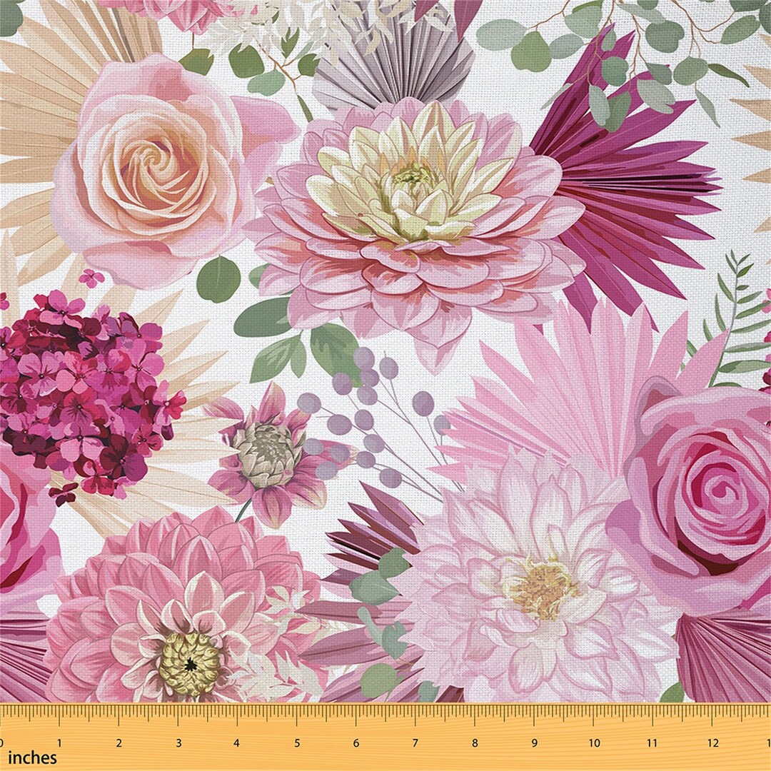 Pink Flowers Fabric by the Yard, Rustic Garden Botanical Fabric for ...