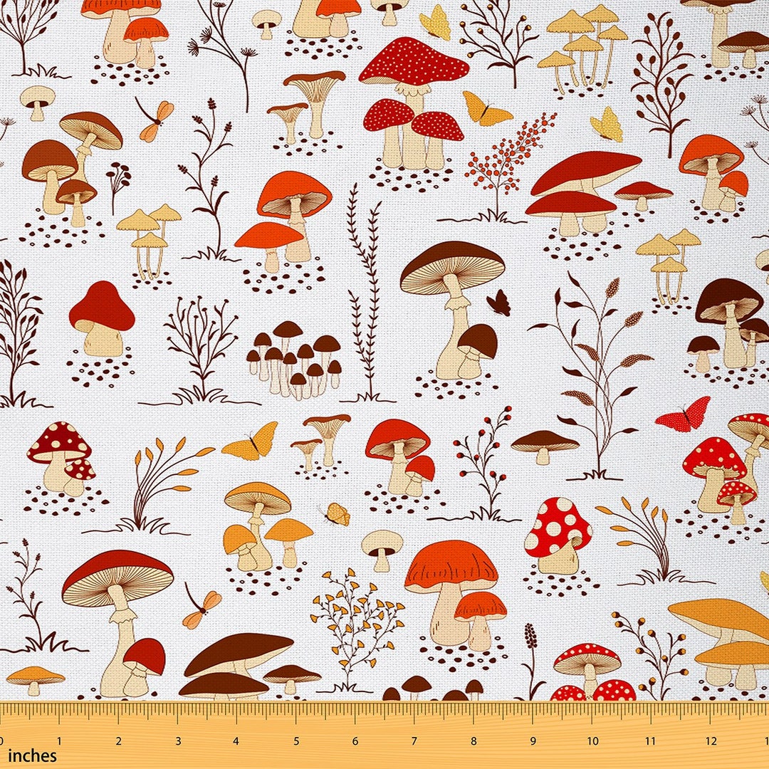 Mushroom Fabric by the Yard, Nature Botanical Polyester Fabric, Jungle ...