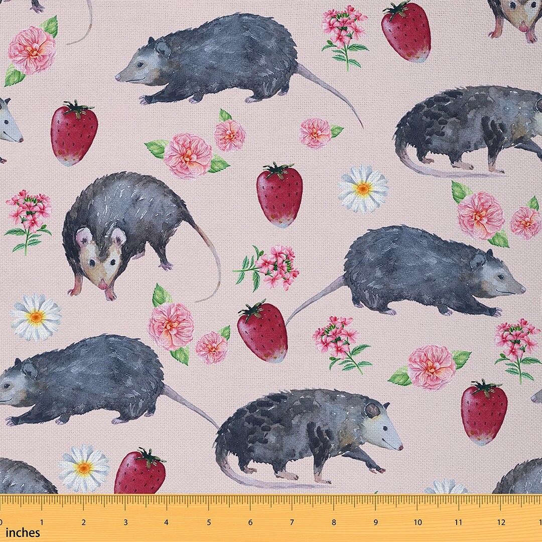 Watercolor Opossum Fabric by the Yard, Mouse Strawberry Flowers ...