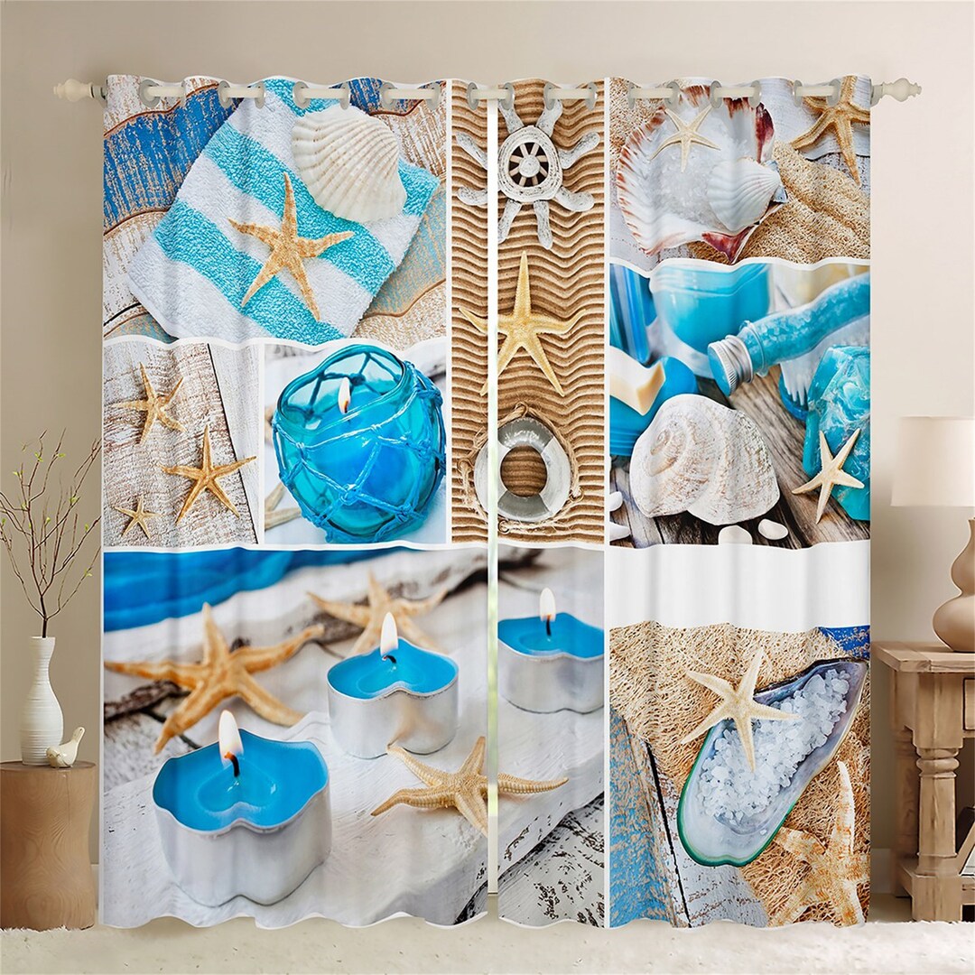 Sea Beach Window Curtains, Marine Life Starfish Conch Print Window ...