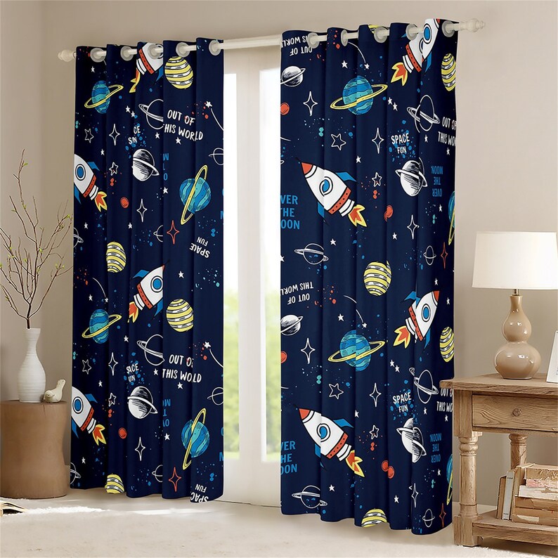 Cartoon Rocket Planet Graffiti Window Curtains Starry Galaxy - Etsy