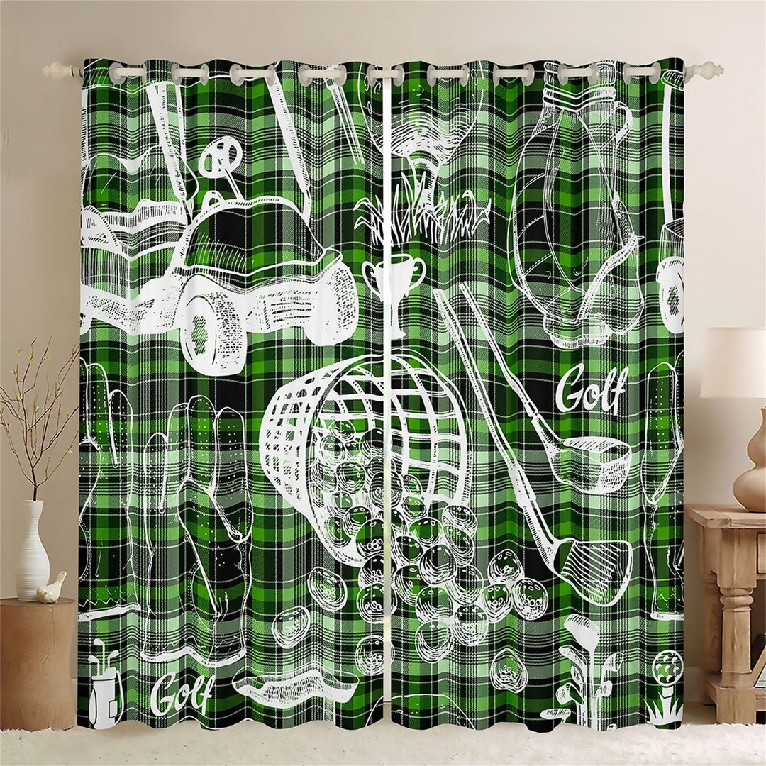 Golf Handmade Window Curtain Set, Sports Ball Game Theme Green Plaid ...