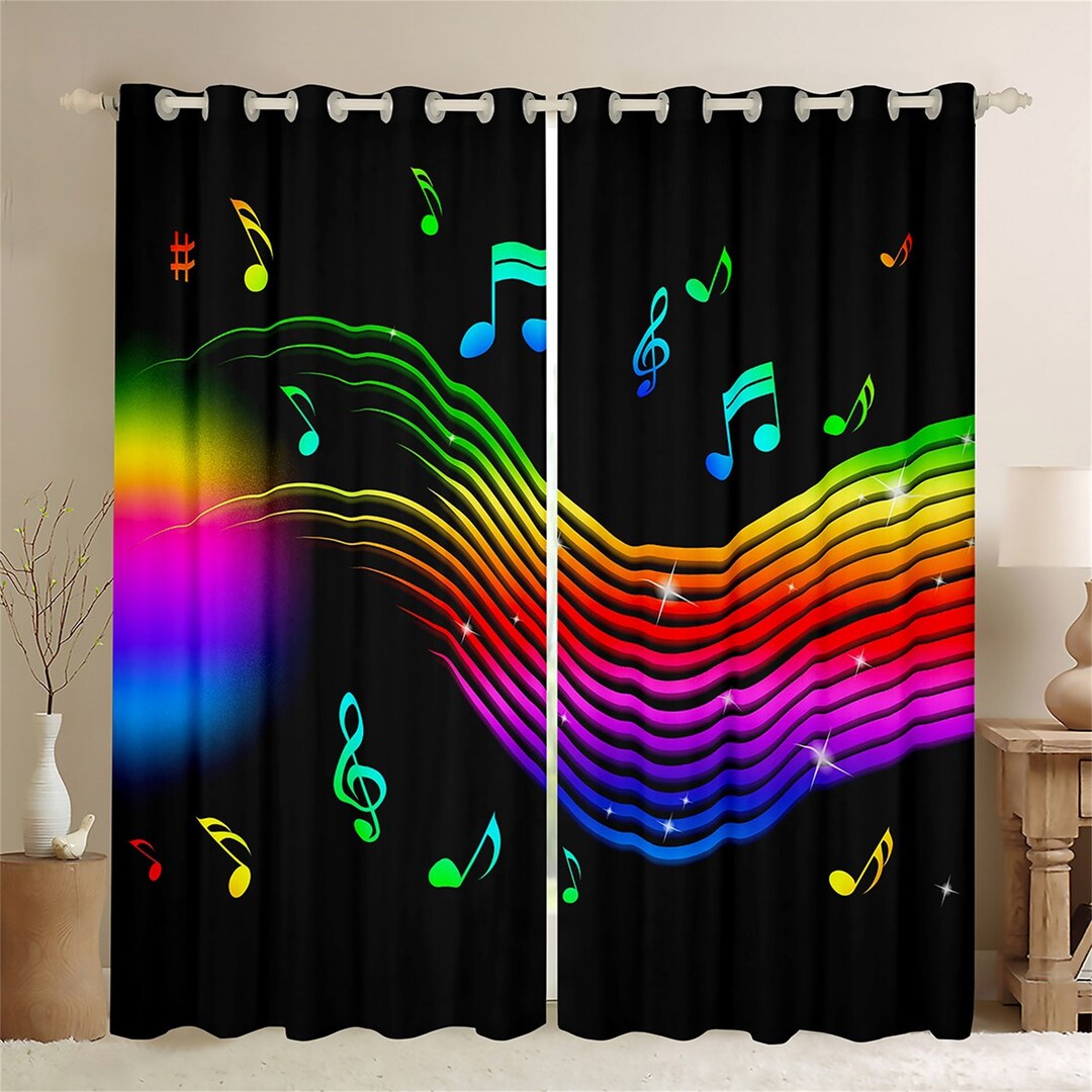 Neon Musical Notes Window Curtains, Rainbow Gradient Stripe Window ...