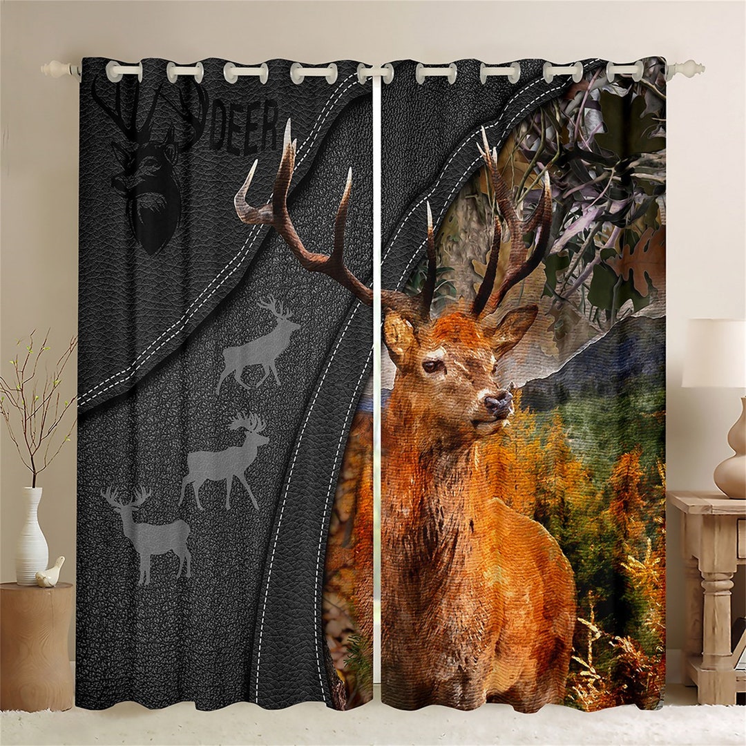 Deer Animal Curtain Set, Jungle Trees Wild Elk Deer Antler Silhouette ...