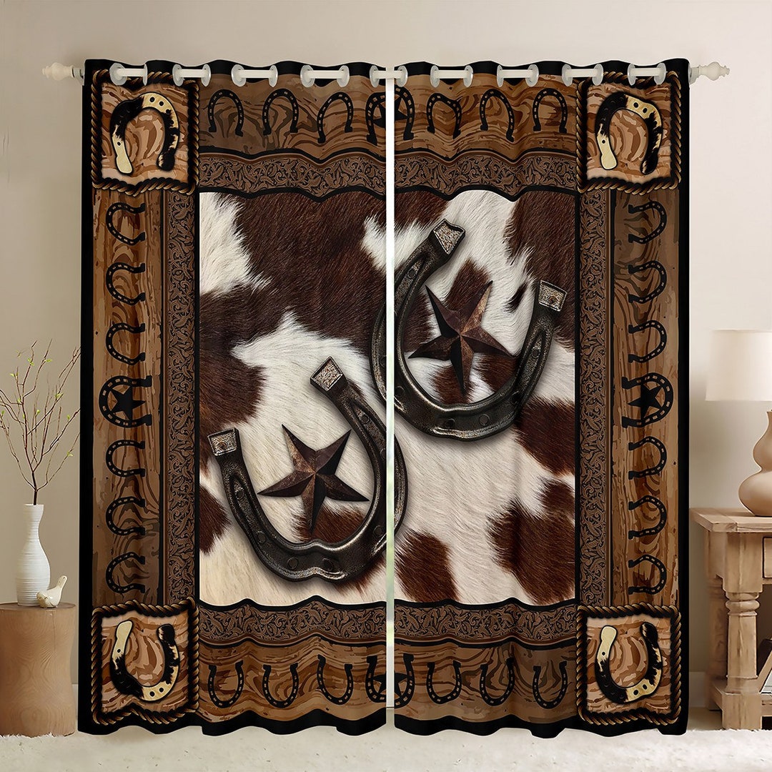 Retro Horseshoe Window Curtain Set, Texas Star Western Cowboy Window ...