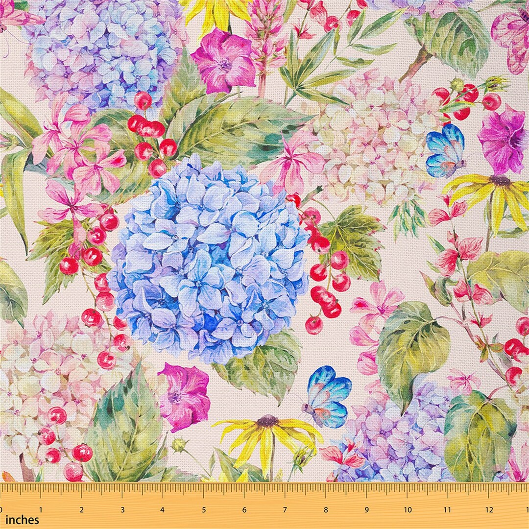 Hydrangea Polyester Fabric by the Yard, Rustic Watercolor Flowers ...