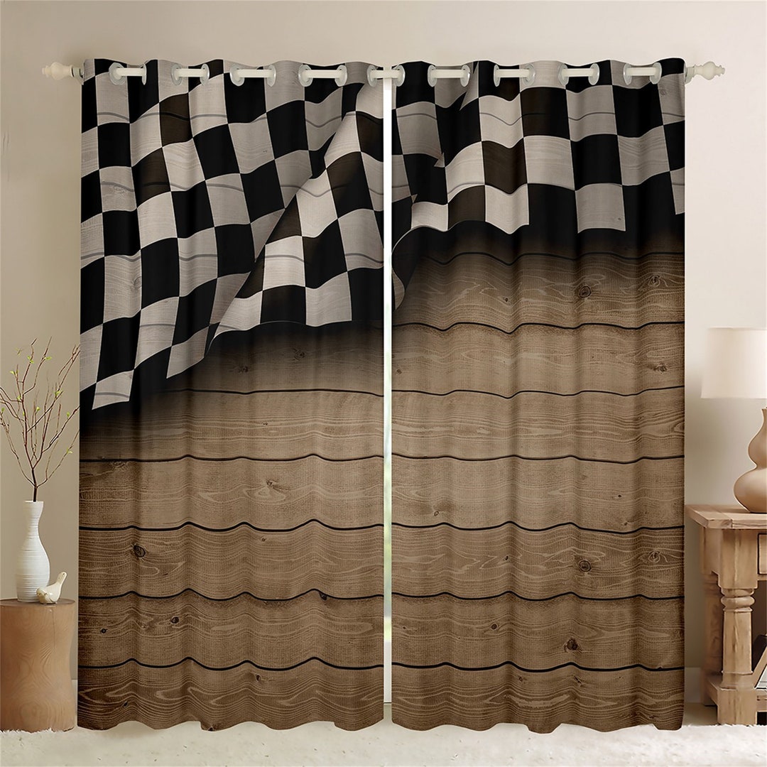 Checker Flag Window Curtain Set, Retro Brown Wooden Board Window Drapes ...