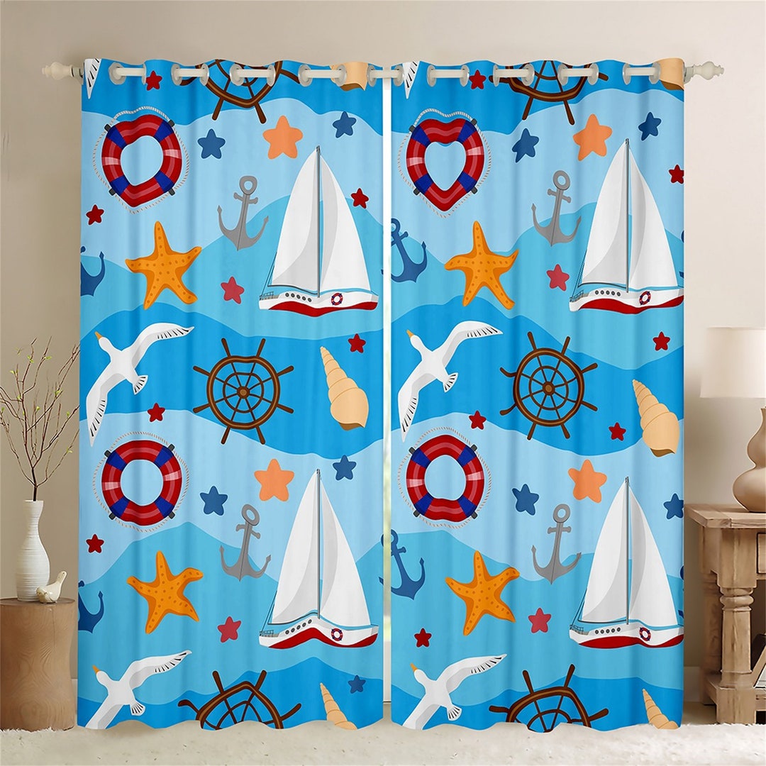 Nautical Anchor Window Curtains, Watercolor Blue Sea Wave Stripe Print ...