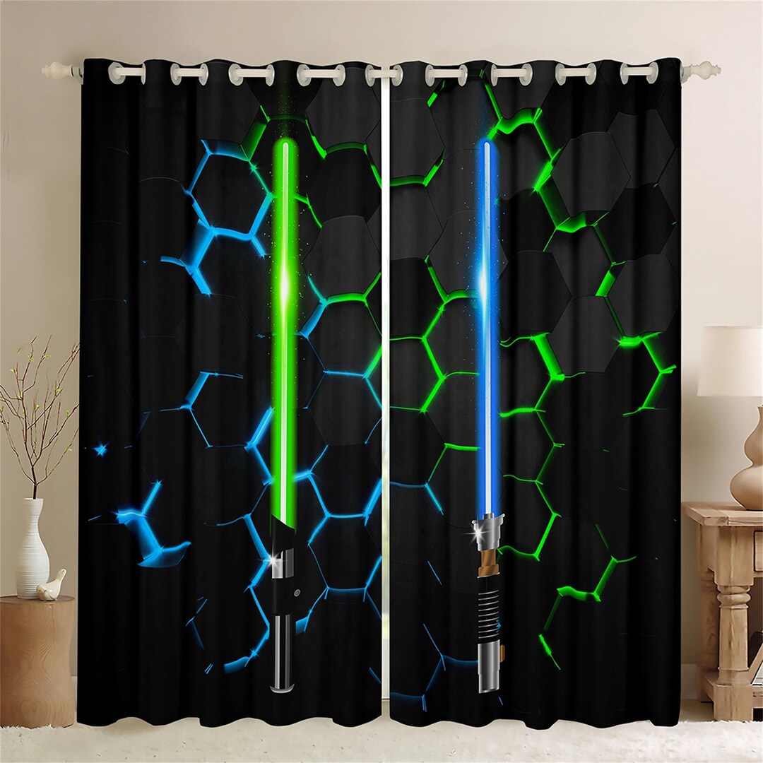 Neon Blue Green Lightsaber Window Curtains, Geometric Honeycomb Hexagon ...