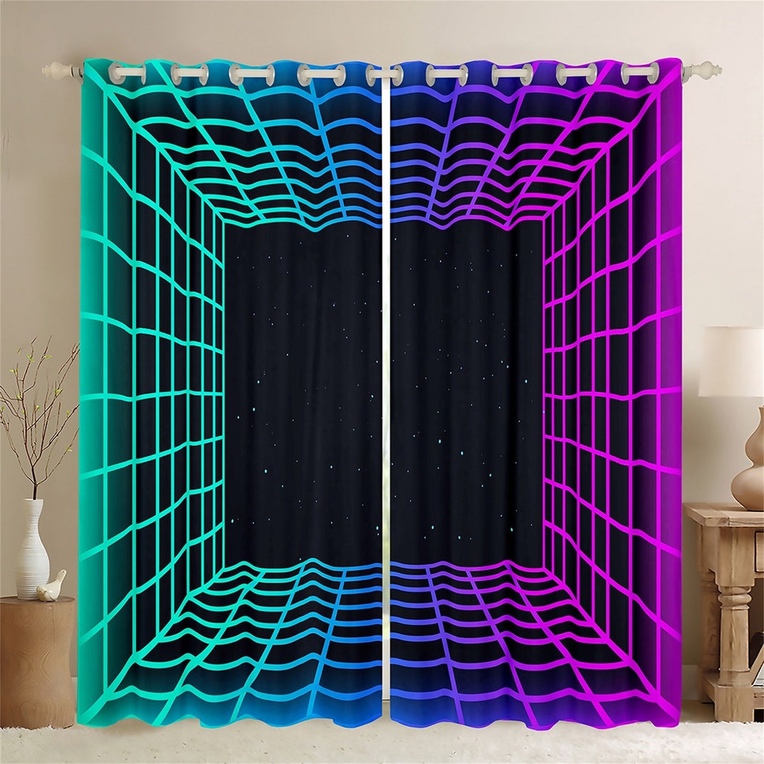 Neon Gradient Lines Window Curtains, Geometric Plaids Stripes Squares ...