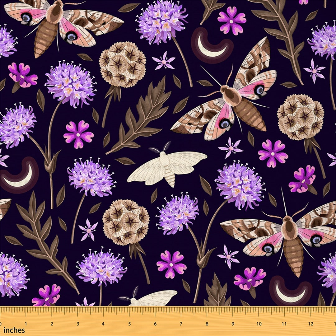 Moth Fabric by the Yard, Rustic Purple Flowers Botanical Fabric for ...