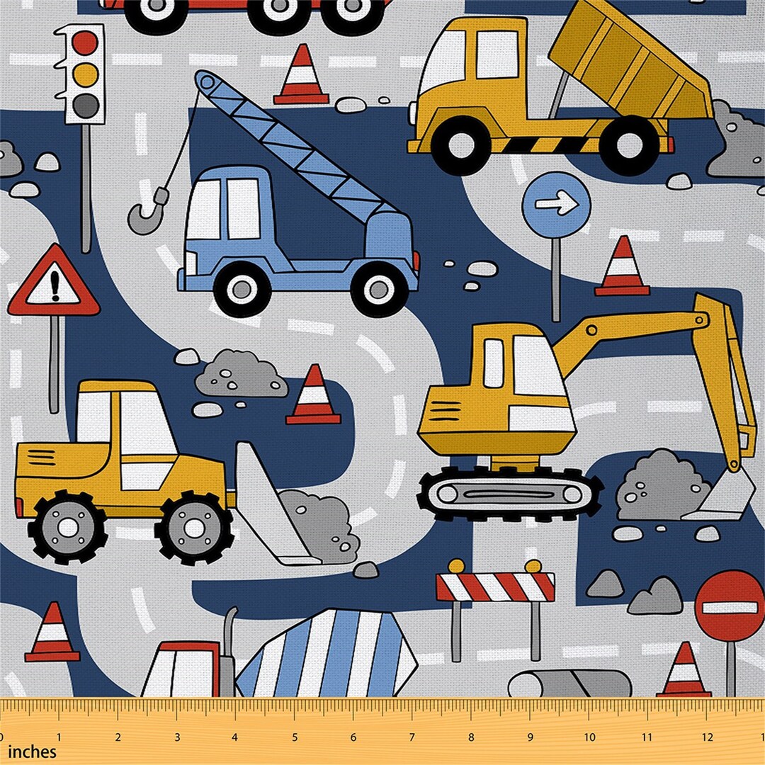 Construction Vehicles Handmade Fabric by the Yard, Gray Road Traffic ...
