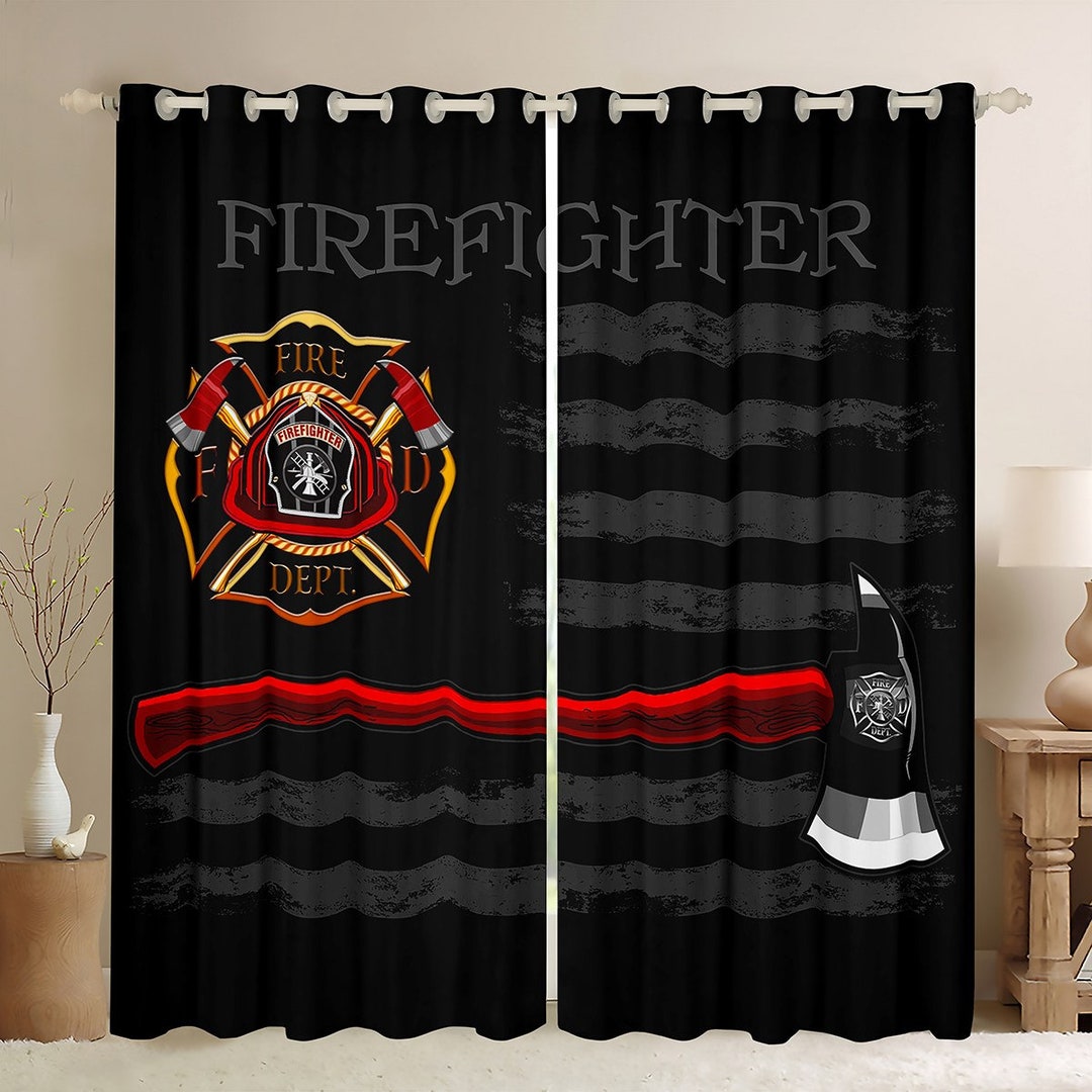 Firefighting Window Curtains, Fire Engine Equipment Hammer Print ...