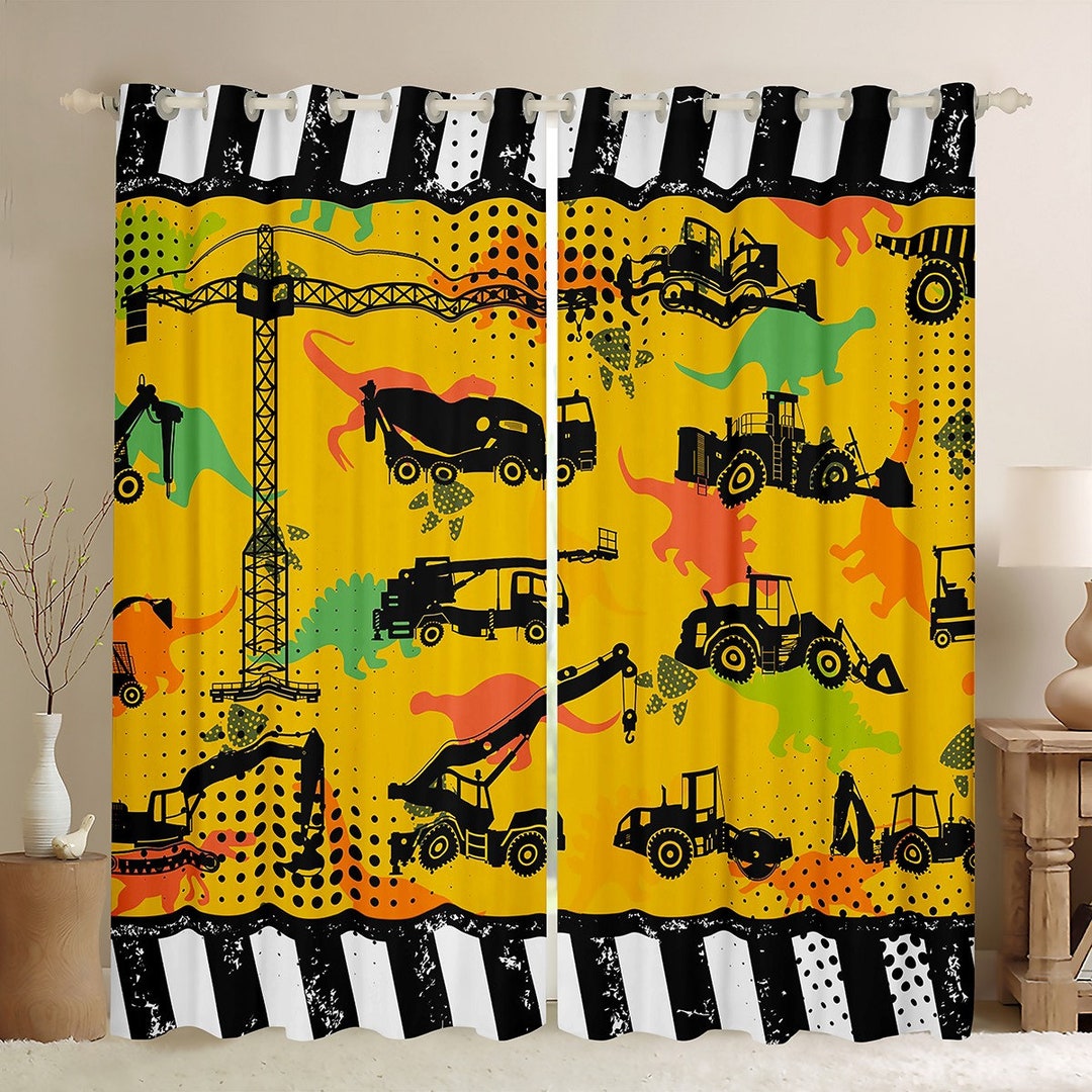 Construction Vehicles Curtain Set, Black Crane Excavator Tractor Window ...
