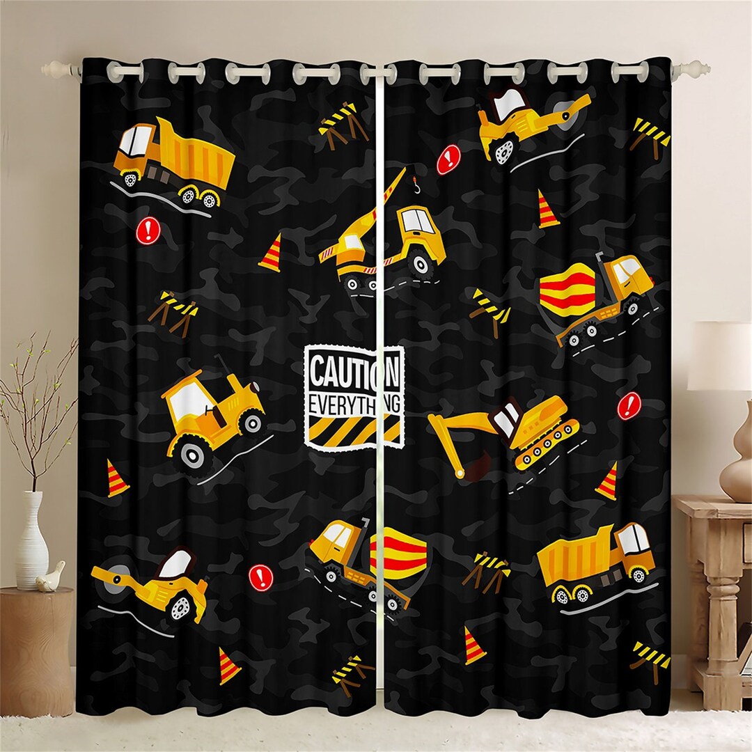 Construction Vehicles Window Drapes, Black Camouflage Window Curtains ...