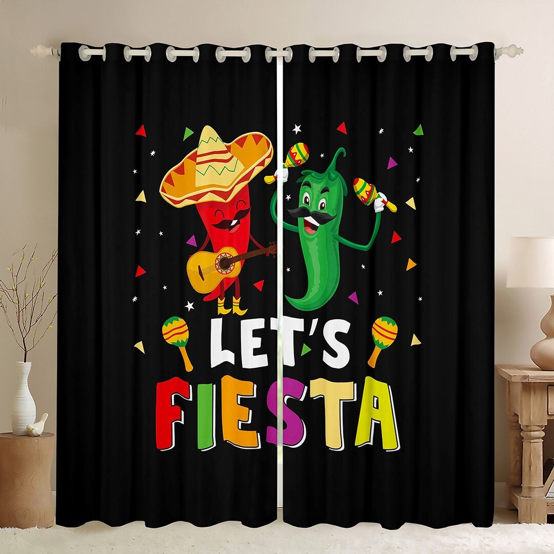 Fiesta Party Theme Window Curtains, Cartoon Red Green Pepper Chilli ...