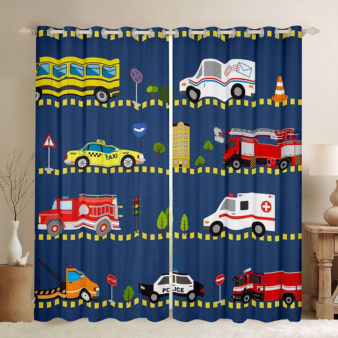 Cartoon Cars Kids Window Curtains, Cute Bus Taxi Ambulance Firefighting ...