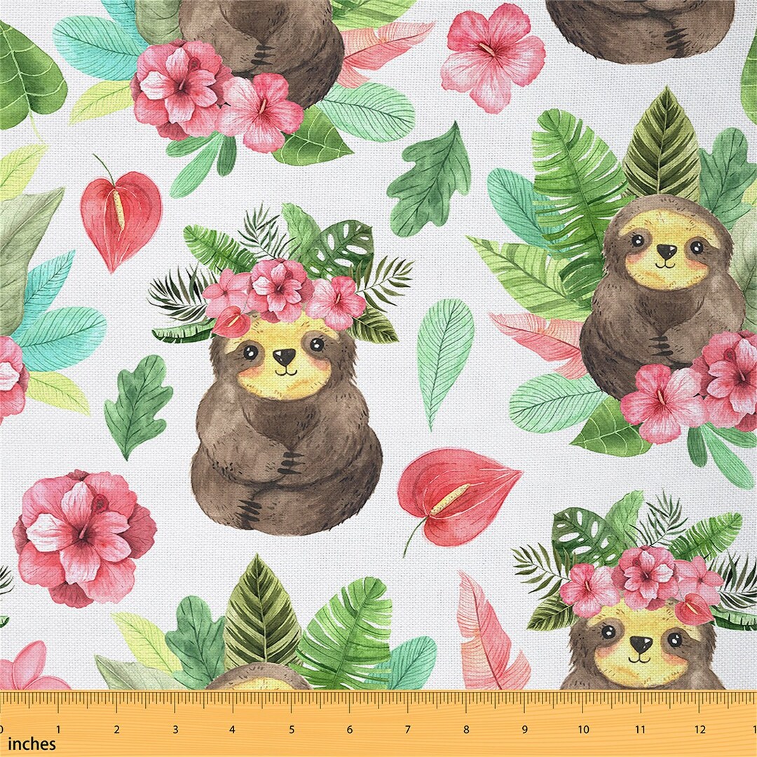 Sloth Handmade Polyester Fabric by the Yard, Jungle Wild Animal Floral ...