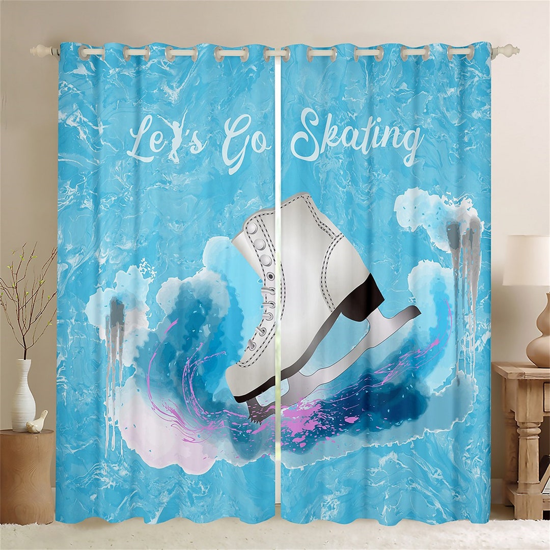 Ice Skate Window Curtain Set, Watercolor Tie Dye Blue Painting Curtains ...