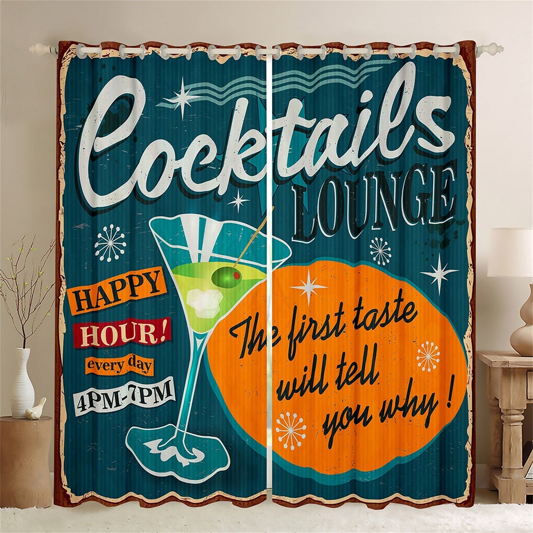 Watercolor Cheer Beer Window Curtain Set, Retro 70s Yellow Green Style ...