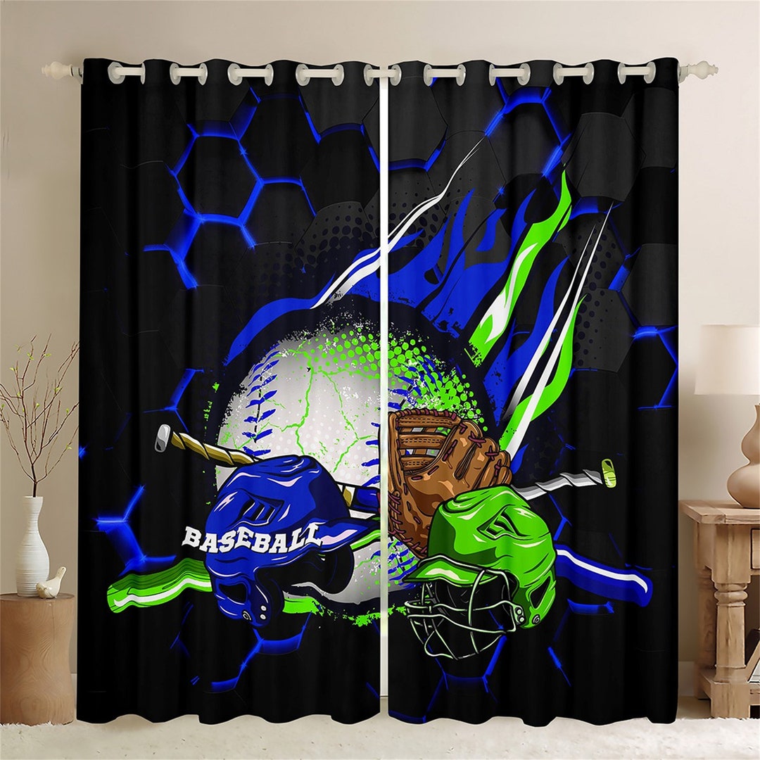 Baseball Window Curtain Set, Watercolor Sporting Helmet Gloves Graffiti ...