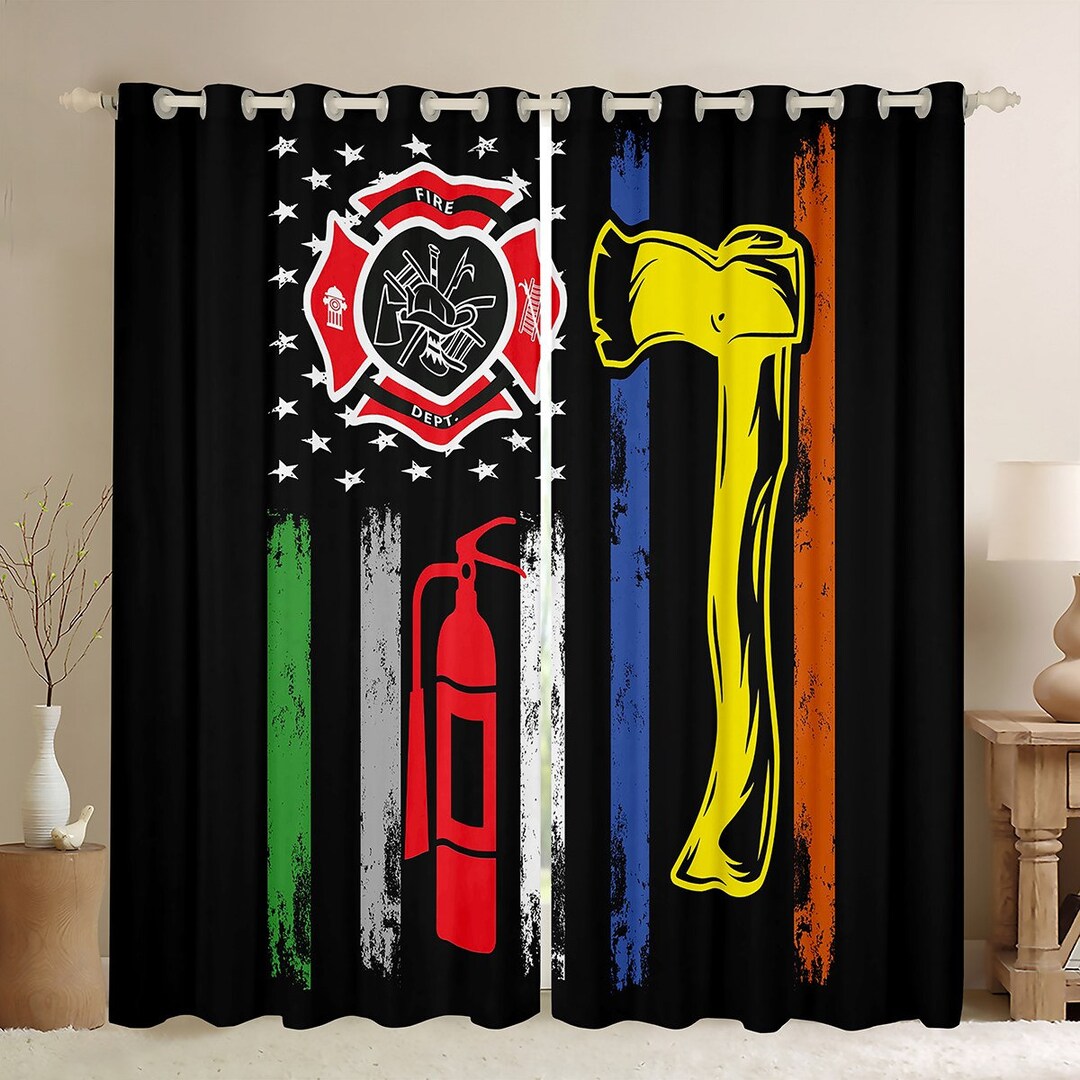 Firefighting Window Curtains, Fire Engine Extinguisher Hatchet Window ...