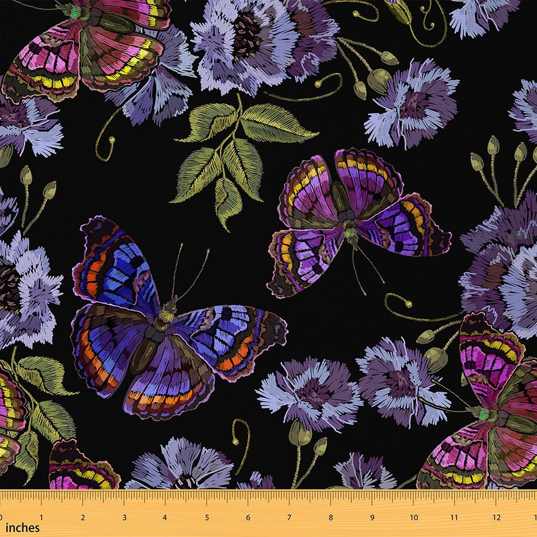 Purple Flowers Polyester Fabric by the Yard, Nature Botanical Blooming ...